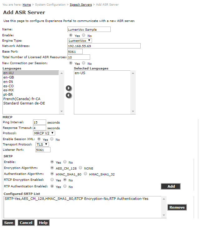 Configuring the Experience Portal to use MRCPv2/TLS with SIPS and SRTP | LumenVox Knowledgebase